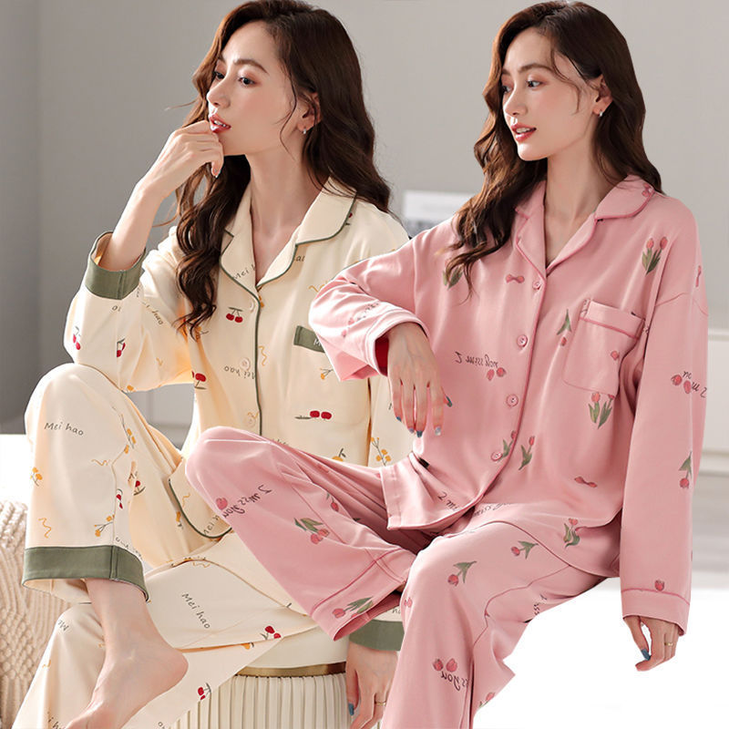 睡衣女100%纯棉春秋季长袖可外穿家居服夏天大码甜美中年妈妈套装