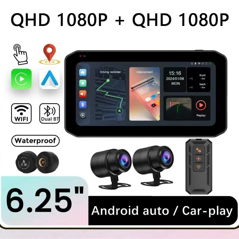 跨境 高清无线carplay车机 摩托车记录仪GPS导航胎压监测一体机
