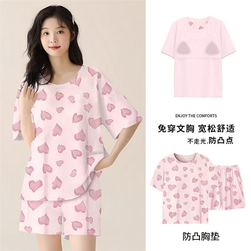 带胸垫印花睡衣女夏季新款大码宽松短袖短裤女士家居服套装可外穿