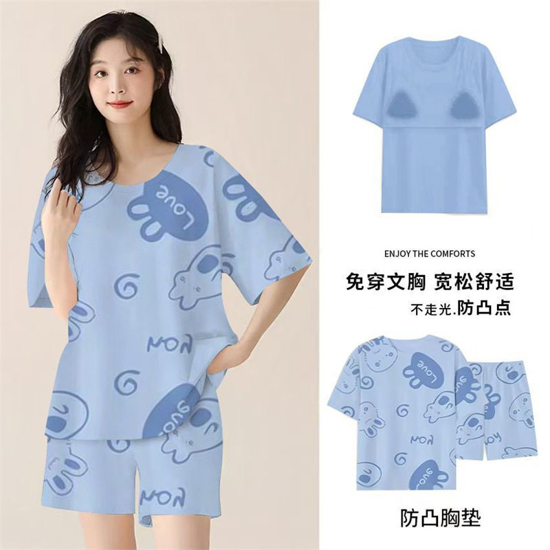 2026新款带胸垫睡衣女卡通夏季短袖短裤薄款休闲可外穿家居服套装
