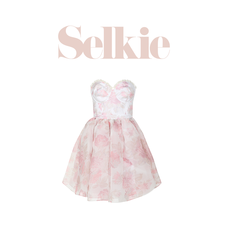 Selkie Collection复古贝芙丽印花抹胸花边连衣裙收腰显瘦蓬蓬裙_虎窝淘