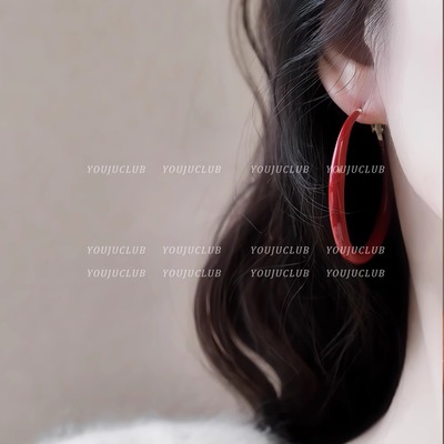 亮面法式复古大红圈复古耳饰