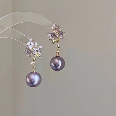 法式小众设计高级感手工滴油小花高雅紫精致感两戴2025新款耳钉