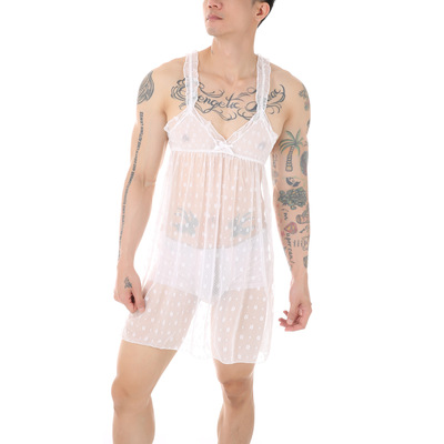 clever-menmode新款露点内衣透明性感睡衣男吊带蕾丝网纱睡裙