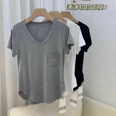莫代尔棉垂坠感锁骨T恤女夏宽松韩版中长款打底衫短袖休闲v领上衣