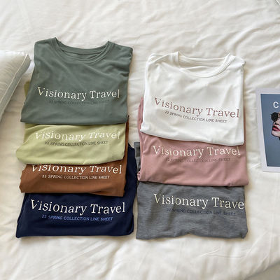 超手感莫代尔夏季新款垂软弹滑凉快字母印花圆领短袖T恤上衣女装