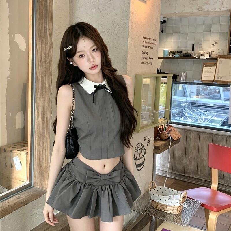 2026夏季新款法式蝴蝶结娃娃领无袖上衣+褶皱短裙防走光套装女