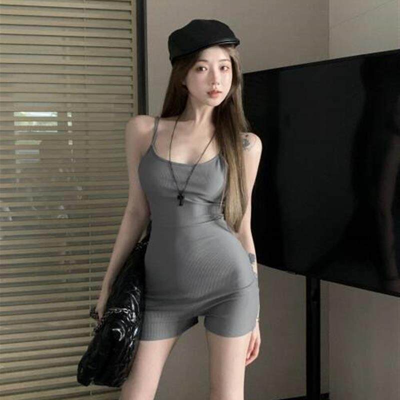 辣妹性感吊带连体裤女夏季灰色纯欲露背紧身打底裤休闲运动连体衣