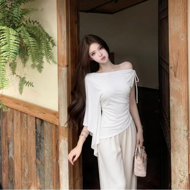 2026夏季新款法式洋气显瘦日常斜肩不对称上衣飘绳设计短袖T恤女