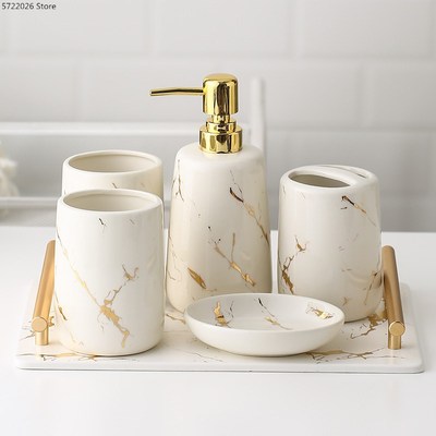 Ceramic Toiletries Bathroom Set Marble Porcelain Cup Toothb