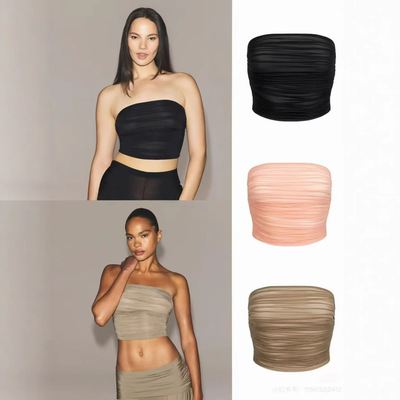 新品SKIMS MILKY SHEER CROPPED TUBE TOP抹胸褶皱弹力上衣背心