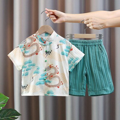 Chinese Style Hanfu TwoPiece Set for Boys Kids Tang Suit Sum