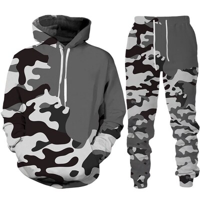 Camouflage 3D Digital Print Hooded Sweatshirt TwoPiece Set f