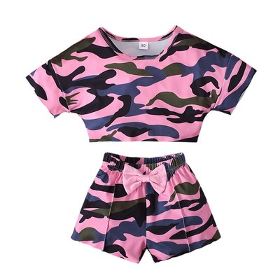 Summer Girls Camouflage Short Tshirt Bow Shorts 2piece Kids