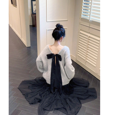 七分糖慵懒露背蝴蝶结毛衣女秋季长袖针织衫宽松灰色上衣