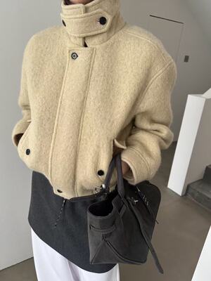 现～韩国正品新款helvetica2025秋冬简约百搭宽松短款羊毛外套女