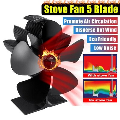 Black 5 Blades Heat Powered Stove Fan Log Wood Burner Eco Fr