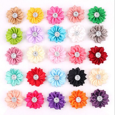 50 pcs/lot Satin Flower WITHOT  Fabric Flower With Rhineston