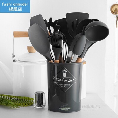 12Pcs/Set Silicone Kitchen Utensils Non-stick Pan Wooden Han