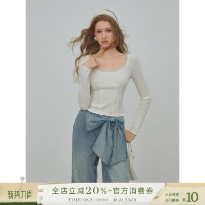 Lulusmiracle法式方领坑条针织衫