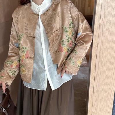 米米店浮雕提花香云纱定位重工金丝钩花手绣国风短外套YS56-G305