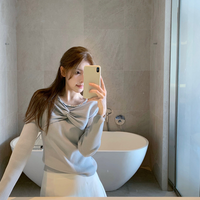 米米设计轻熟风优雅扭结式漏肩显瘦温柔针织保暖毛衣SG26029