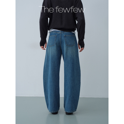 The fewfew 复古水洗蓝色宽松中高腰弯刀时髦休闲百搭牛仔裤