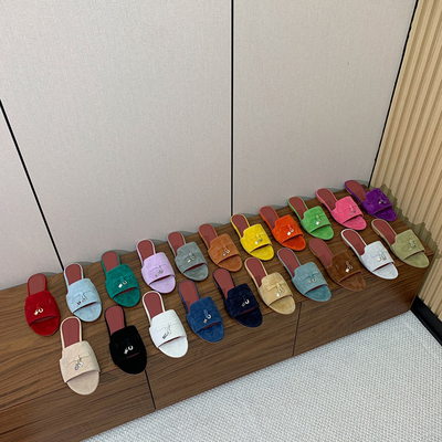 醉全配色！！LP凉拖一字平底真皮懒人拖鞋女外穿露趾一脚蹬半拖鞋