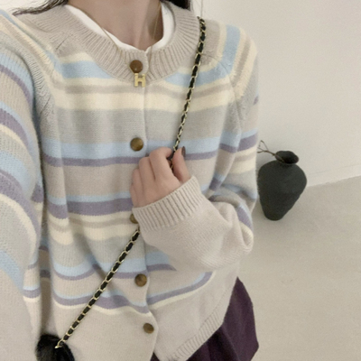 SUSAN-围感彩色韩系复古彩色条纹插肩袖金属质感纽扣毛衣88800新