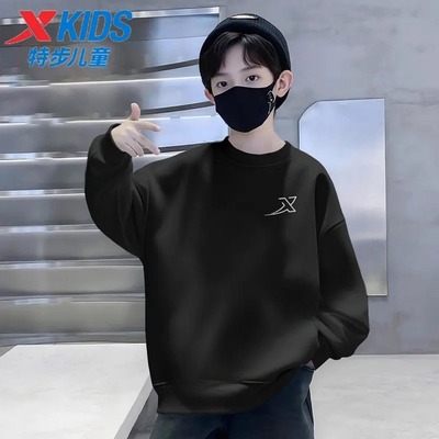 特步儿童卫衣男童中大童装秋冬季官方旗舰店正品黑色休闲运动上衣