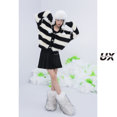 【来了就好】UX2025秋新款黑白条纹开衫毛衣女休闲短