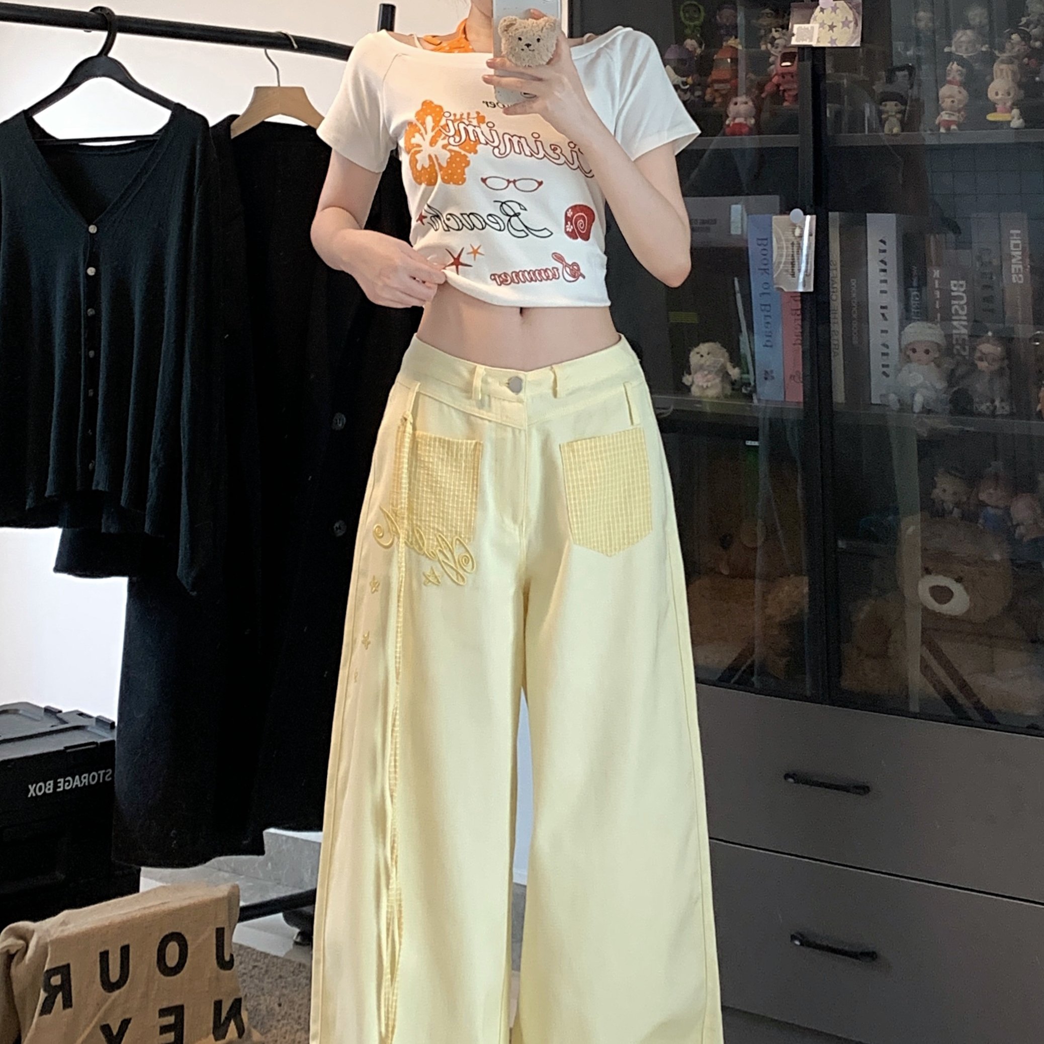 实拍星星字母刺绣裤子女轻亚风Y2K显瘦阔腿裤垂感宽松休闲裤