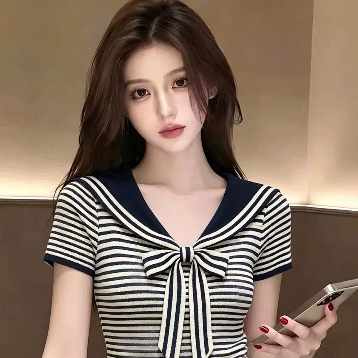 韩式海军风蝴蝶结条纹短袖t恤女夏季翻领收腰显瘦减龄百搭上衣潮