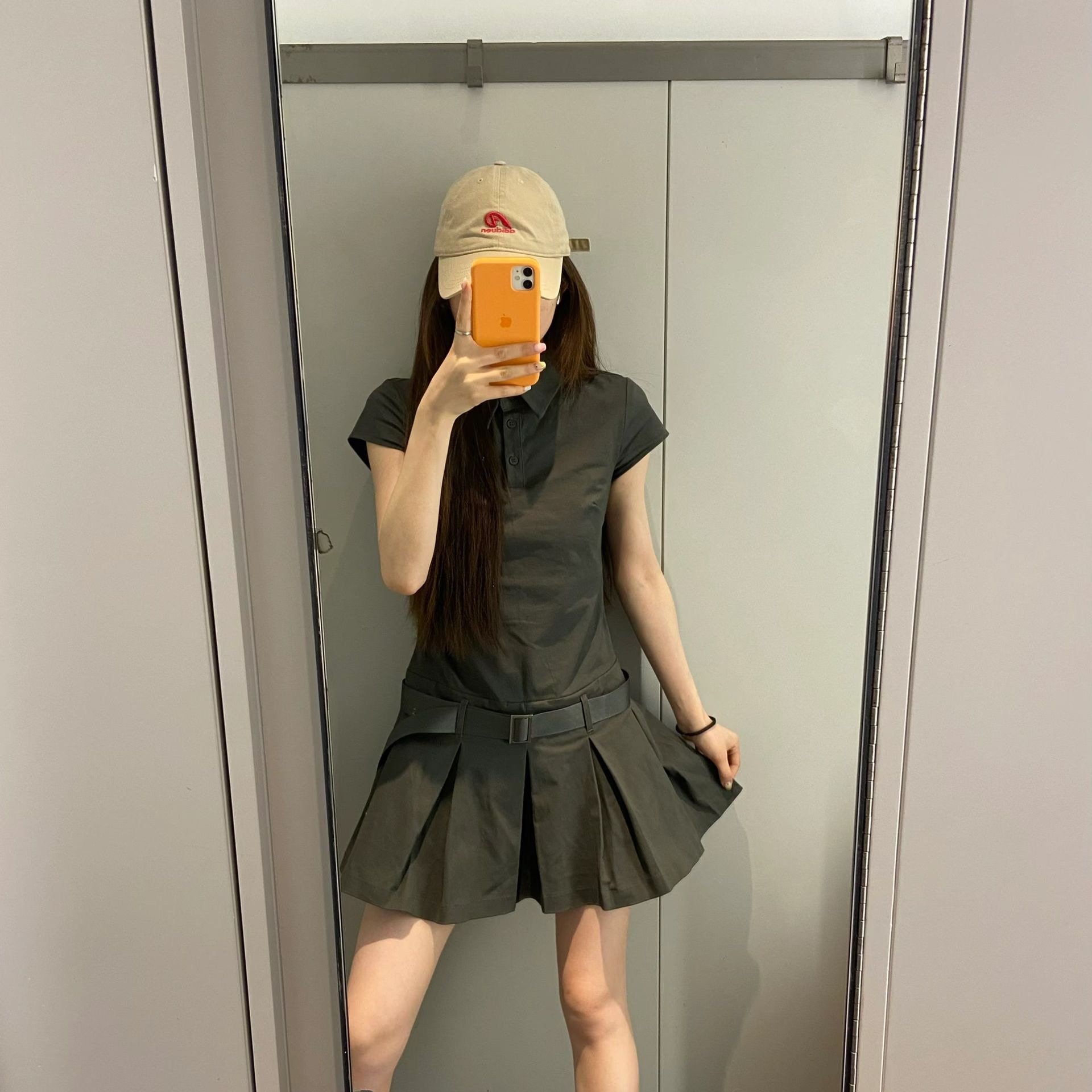 美式盐系工装风polo翻领衬衫连衣裙夏季新款灰色百褶短裙小个子女