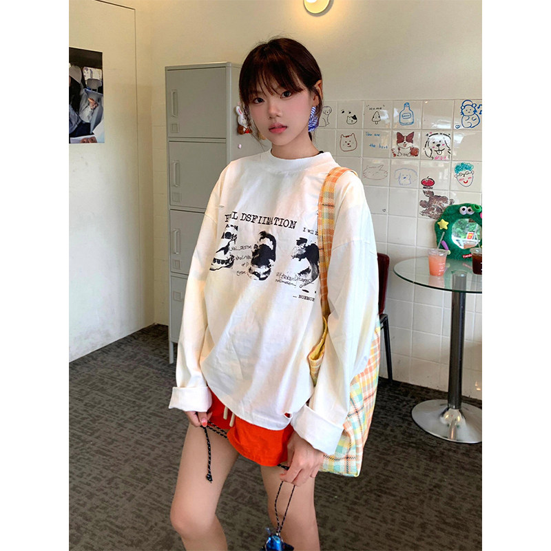 纯棉后包领bm潮牌网红韩版原宿宽风松上衣休闲印花减龄长袖T恤女