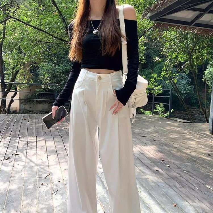 白色高腰直筒牛仔裤女秋季新款褶皱设计感宽松阔腿休闲拖地裤学生
