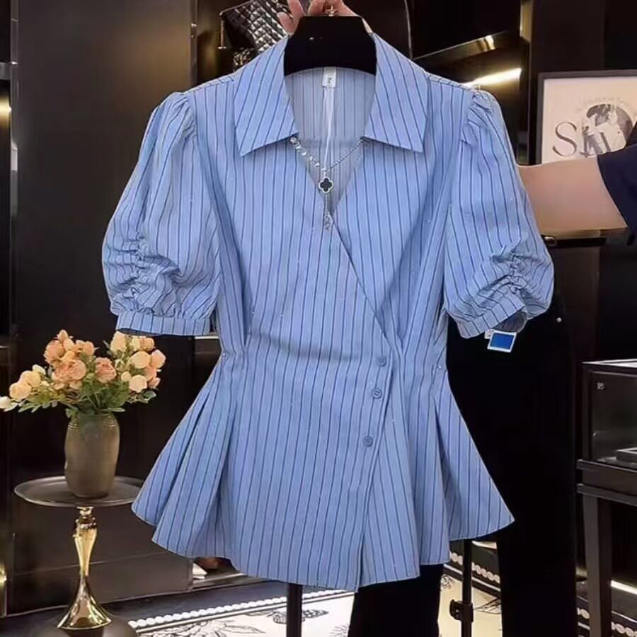 设计感条纹短袖衬衫夏季大码胖mm收腰显瘦v领衬衣泡泡袖半袖上衣