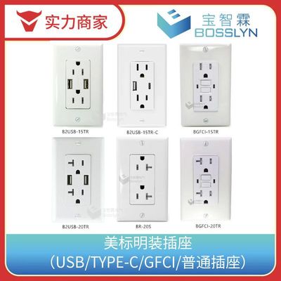 美式明装墙壁镜柜插座面板 GFCI美标双联电源插座 美式USB插座