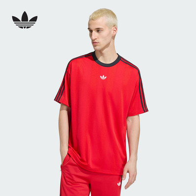 adidas阿迪达斯三叶草26秋男复古条纹宽松休闲圆领短袖T恤 KS7408