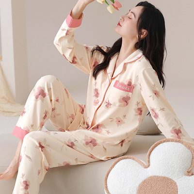日系CherryKoko春秋季新款长袖开衫家居服棉质睡衣女款休闲宽松