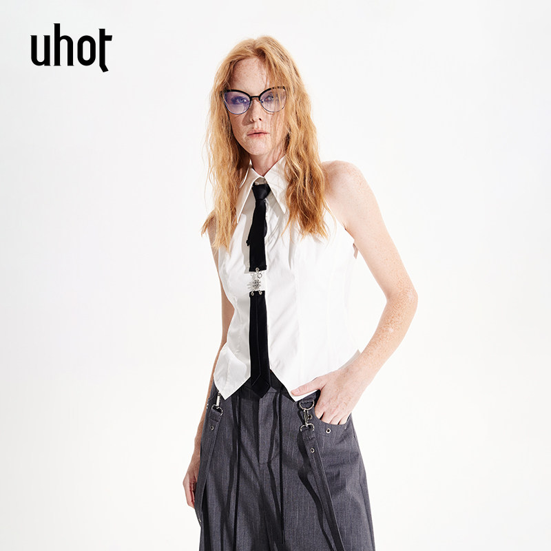 uhot/诱货白色无袖结构衬衫女士设计感配:领带春夏款 UWWS3N074