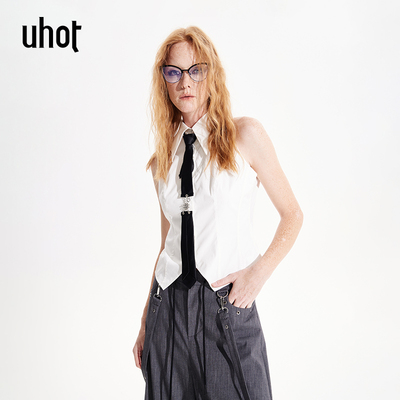 uhot/诱货白色无袖结构衬衫女设计感配:领带25春夏新款 UWWS3N074
