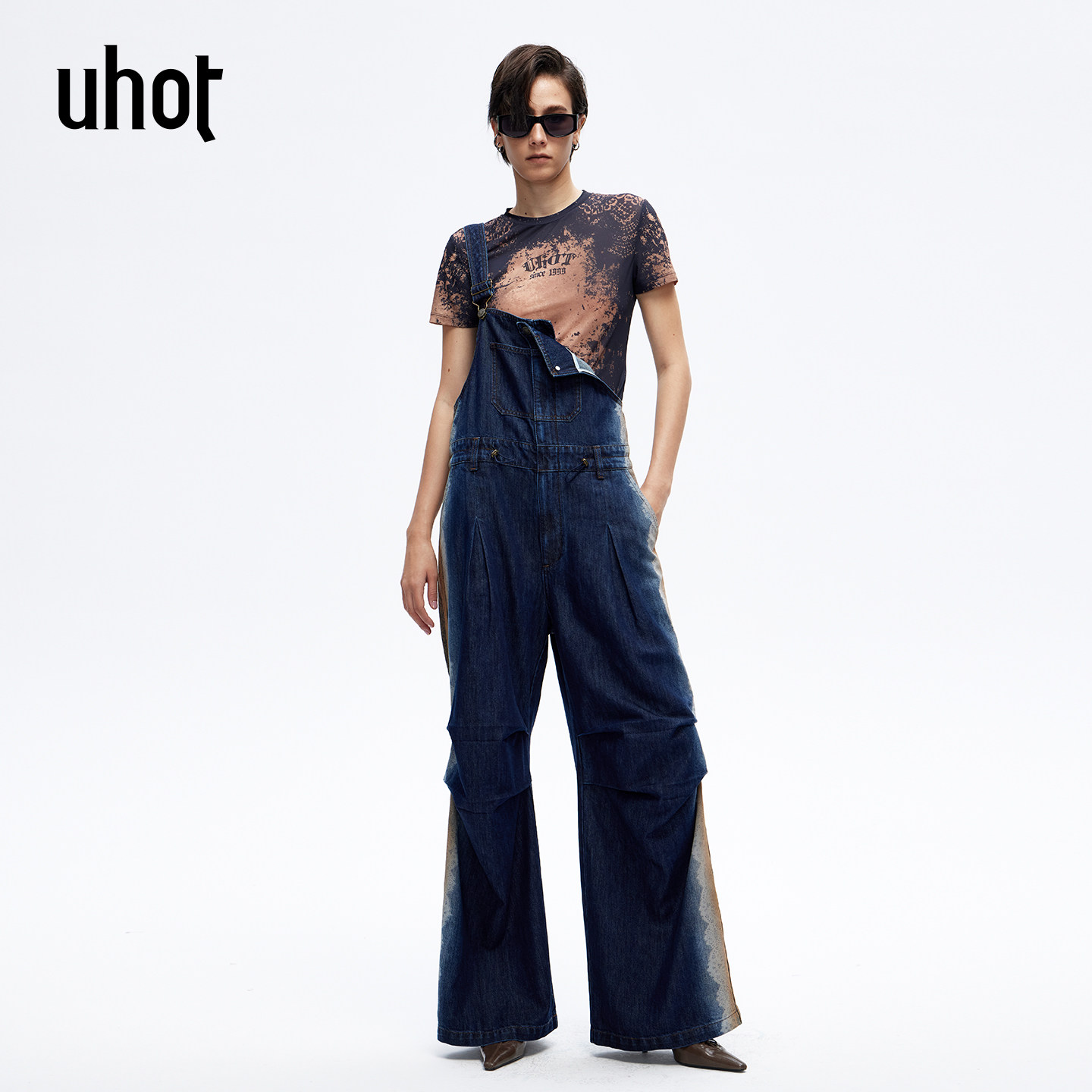 uhot/诱货26春蓝色渐变蕾丝印花背带裤工装阔腿牛仔裤女UWLS2L077