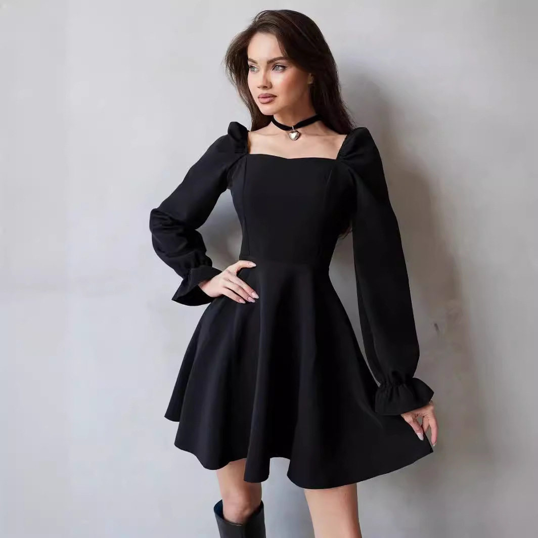 Square neckline bubble long-sleeve dress方领泡泡长袖连衣裙