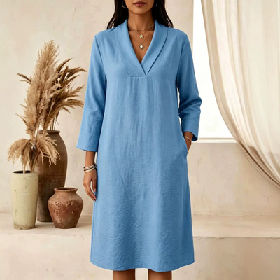 V-neck seven quarter sleeve casual dressV领七分袖休闲连衣裙