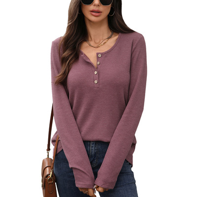 Round neck button uplongsleevedT-shirttop圆领纽扣长袖T恤上衣