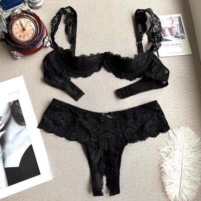 2024新款!性感有钢圈镂空胸托上托聚拢胸罩开叉裤情调文胸套装女