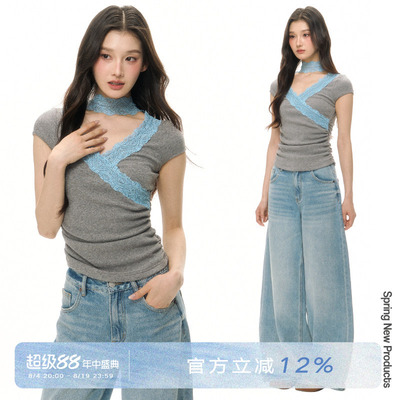 ANNACUTEV领拼接花边蕾丝短袖