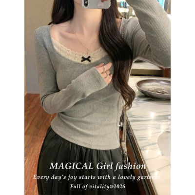 早秋独特绝美蕾丝花边长袖t恤女