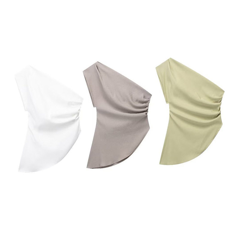 斜领单肩褶皱上衣 Slant neck single shoulder pleated top